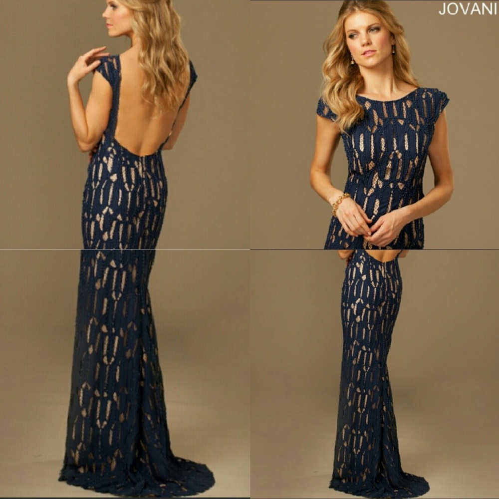 Jovani Navy Blue Beaded Mermaid Dress - Gem